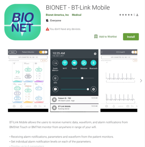 BT-Link Mobile - Veterinary Monitor Mobile App - Bionet America